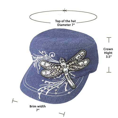 SILVERFEVER Women's Military Cadet Army Cap Hat Vintage Distressed or Rhinestone Crystals on Brim (Denim Blue -Crystal Dragonfly)