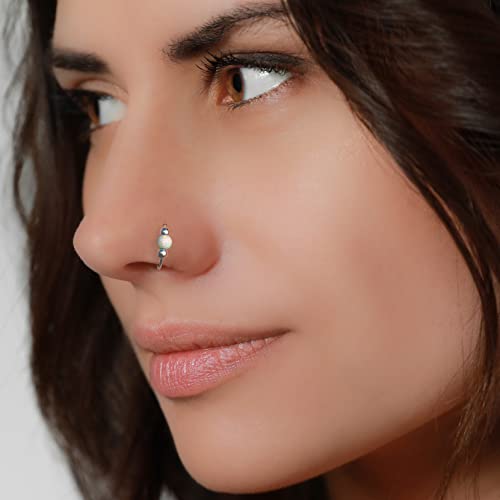 Sterling Silver Simple Nose Ring,20 Gauge Thin Silver Nose Rings,Tiny Nose Piercing White Opal,Delicate 8mm Diameter 0.3 Inches Small Nose Piercings,Tiny Handmade Body Jewelry