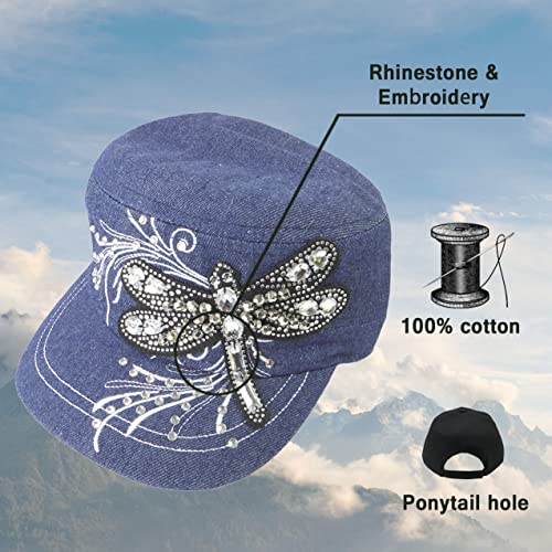 SILVERFEVER Women's Military Cadet Army Cap Hat Vintage Distressed or Rhinestone Crystals on Brim (Denim Blue -Crystal Dragonfly)