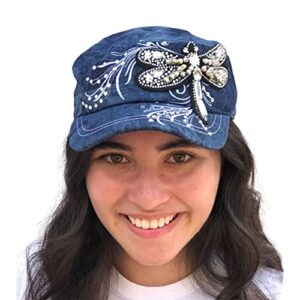 silverfever women's military cadet army cap hat vintage distressed or rhinestone crystals on brim (denim blue -crystal dragonfly)