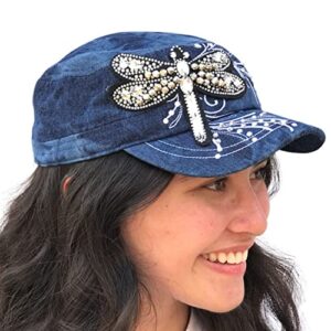 SILVERFEVER Women's Military Cadet Army Cap Hat Vintage Distressed or Rhinestone Crystals on Brim (Denim Blue -Crystal Dragonfly)