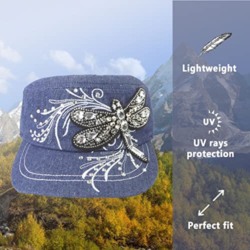 SILVERFEVER Women's Military Cadet Army Cap Hat Vintage Distressed or Rhinestone Crystals on Brim (Denim Blue -Crystal Dragonfly)