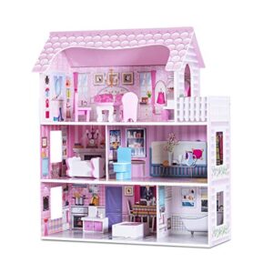 honey joy dollhouse with 8 pcs furniture, 3-level wooden doll house, pretend play kids doll’s house, princess mini toy house furniture playset, gift for little girls (pink, 2.5ft)