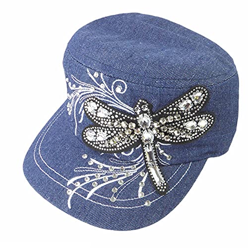 SILVERFEVER Women's Military Cadet Army Cap Hat Vintage Distressed or Rhinestone Crystals on Brim (Denim Blue -Crystal Dragonfly)