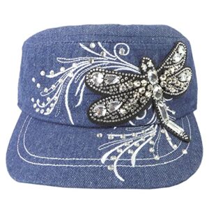 SILVERFEVER Women's Military Cadet Army Cap Hat Vintage Distressed or Rhinestone Crystals on Brim (Denim Blue -Crystal Dragonfly)