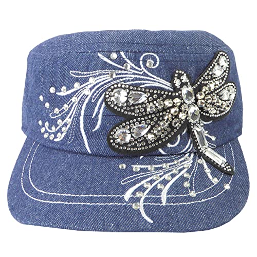 SILVERFEVER Women's Military Cadet Army Cap Hat Vintage Distressed or Rhinestone Crystals on Brim (Denim Blue -Crystal Dragonfly)