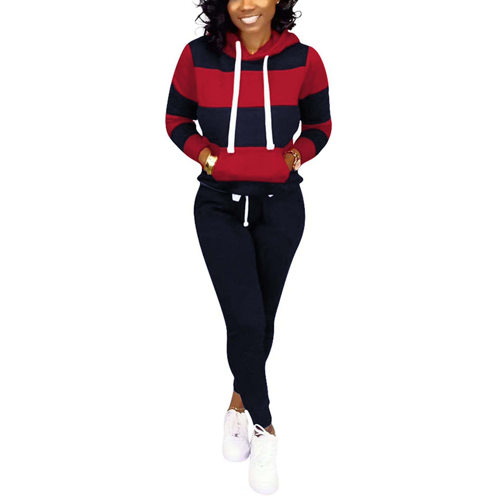 AOMONI 2 Piece Jogging Suits For Women Casual Hooded Long Sleeve Drawstring 2 Piece Outfits Tracksuits Red 3XL