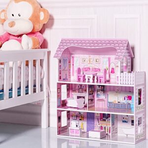 HONEY JOY Dollhouse with 8 Pcs Furniture, 3-Level Wooden Doll House, Pretend Play Kids Doll’s House, Princess Mini Toy House Furniture Playset, Gift for Little Girls (Pink, 2.5FT)