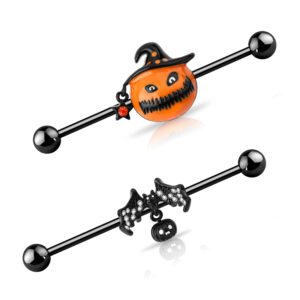 oufer 2pcs 14g halloween industrial piercing jewelry set black bat pumpkin surgical steel cartilage earring industrial earrings for women