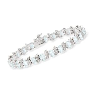 ross-simons 11.00 ct. t.w. aquamarine tennis bracelet with diamond accents in sterling silver. 8 inches