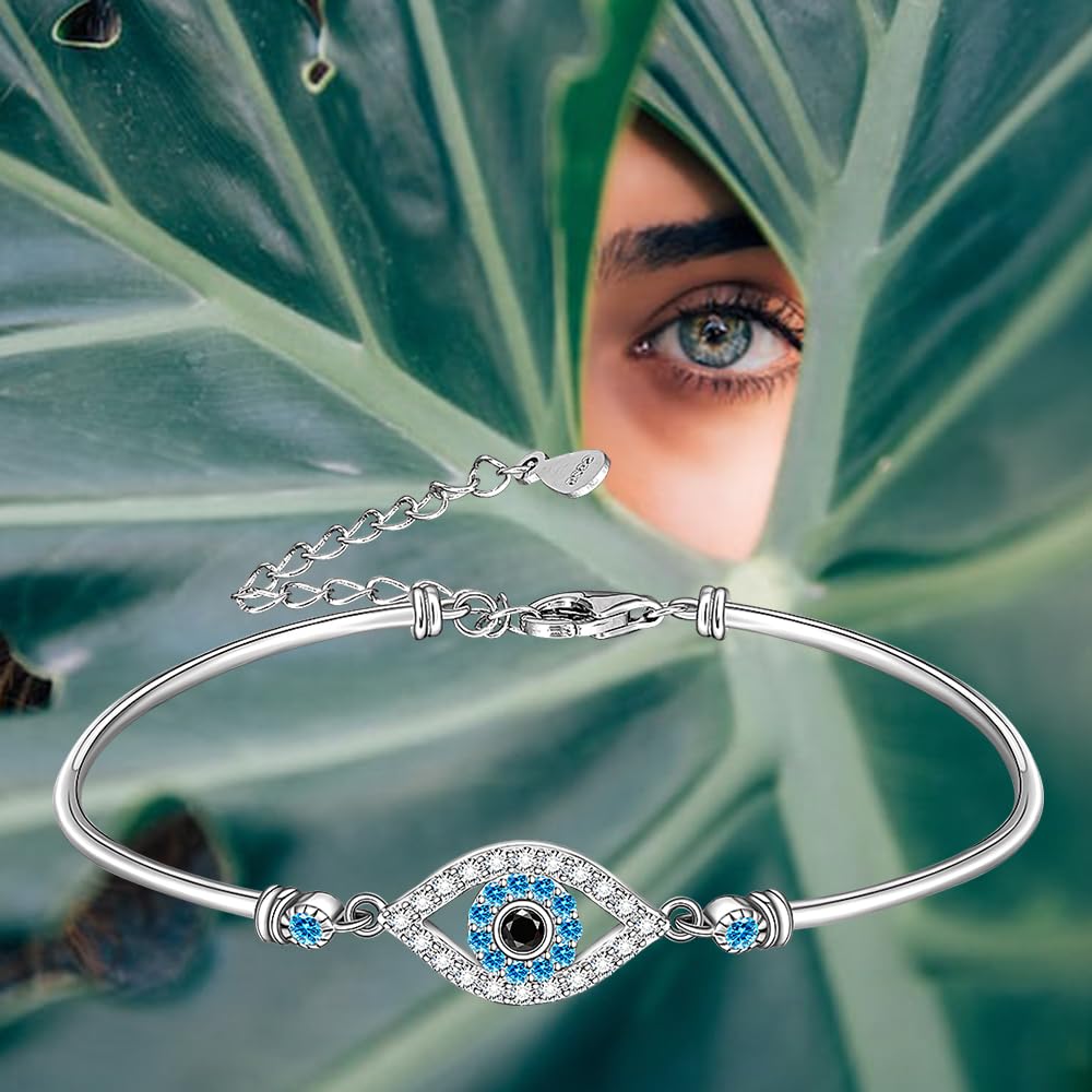 Jewlikee Evil Eye Bracelet Sterling Silver Blue Evil Eye Bangles Bracelets for Women Good Luck Protection Third Eye Amulet