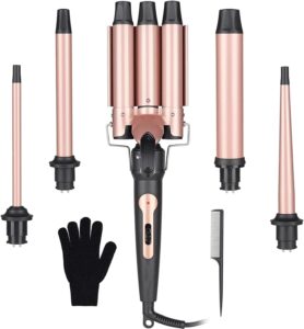 beach waver curling iron wand set 5 in 1 hair curlers waver crimper tool for women man 3/8 inch - 1 1/4 inch curling wands with attachments for hair curly hairstyle