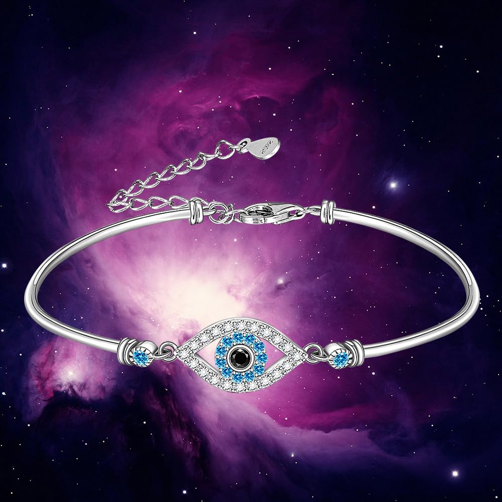 Jewlikee Evil Eye Bracelet Sterling Silver Blue Evil Eye Bangles Bracelets for Women Good Luck Protection Third Eye Amulet