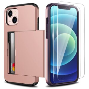 zuslab wallet case compatible with apple iphone 13 2021 phone case with card holder shockproof anti scratch cover with tempered glass screen protectors[x2pack] rose gold