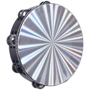 dreokee radiant tambourines, 7 inch tambourine with double row jingle reflective hand drum percussion handheld drum bell musical instrument hand held percussion for adults church, ktv, party, games