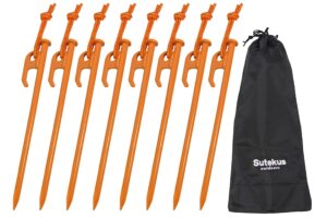 sutekus heavy duty steel tent stakes color tarp pegs solid camping stakes with reflective pull cord for outdoor camping garden canopy, 8"/8pcs (orange)