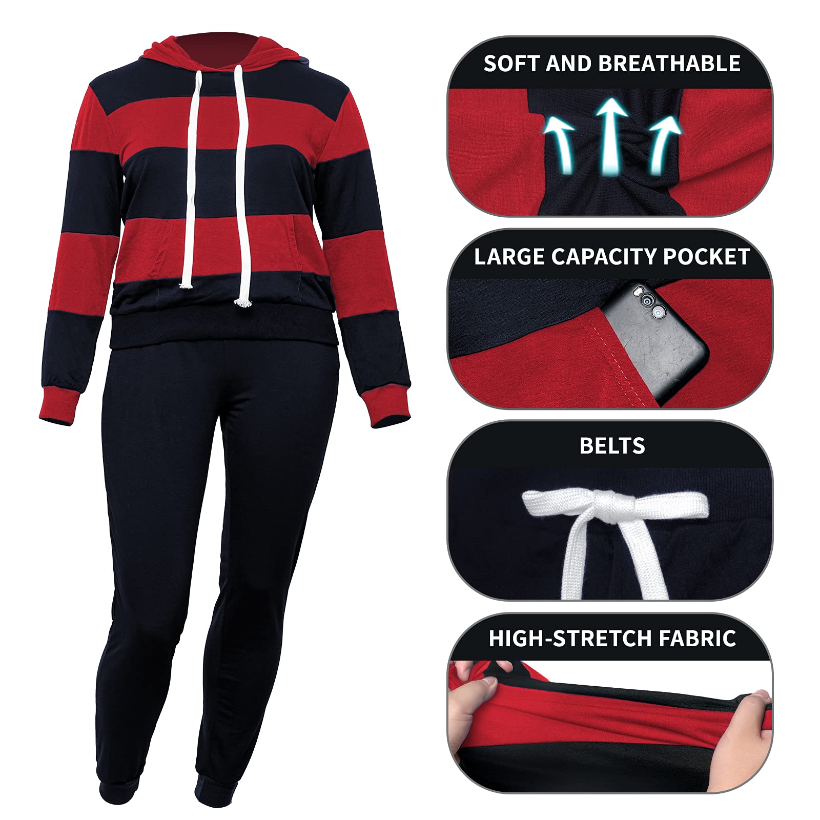 AOMONI 2 Piece Jogging Suits For Women Casual Hooded Long Sleeve Drawstring 2 Piece Outfits Tracksuits Red 3XL