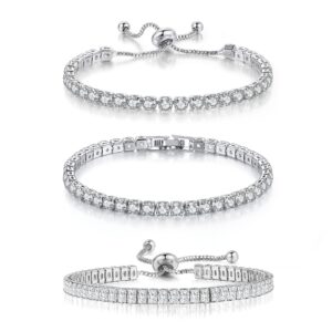 yoyunluo 3 pcs tennis bracelets for women 4mm 5a+ cubic zirconia cz diamond silver adjustable bracelet fashion jewelry wedding gift size 6.5-7.5 inch