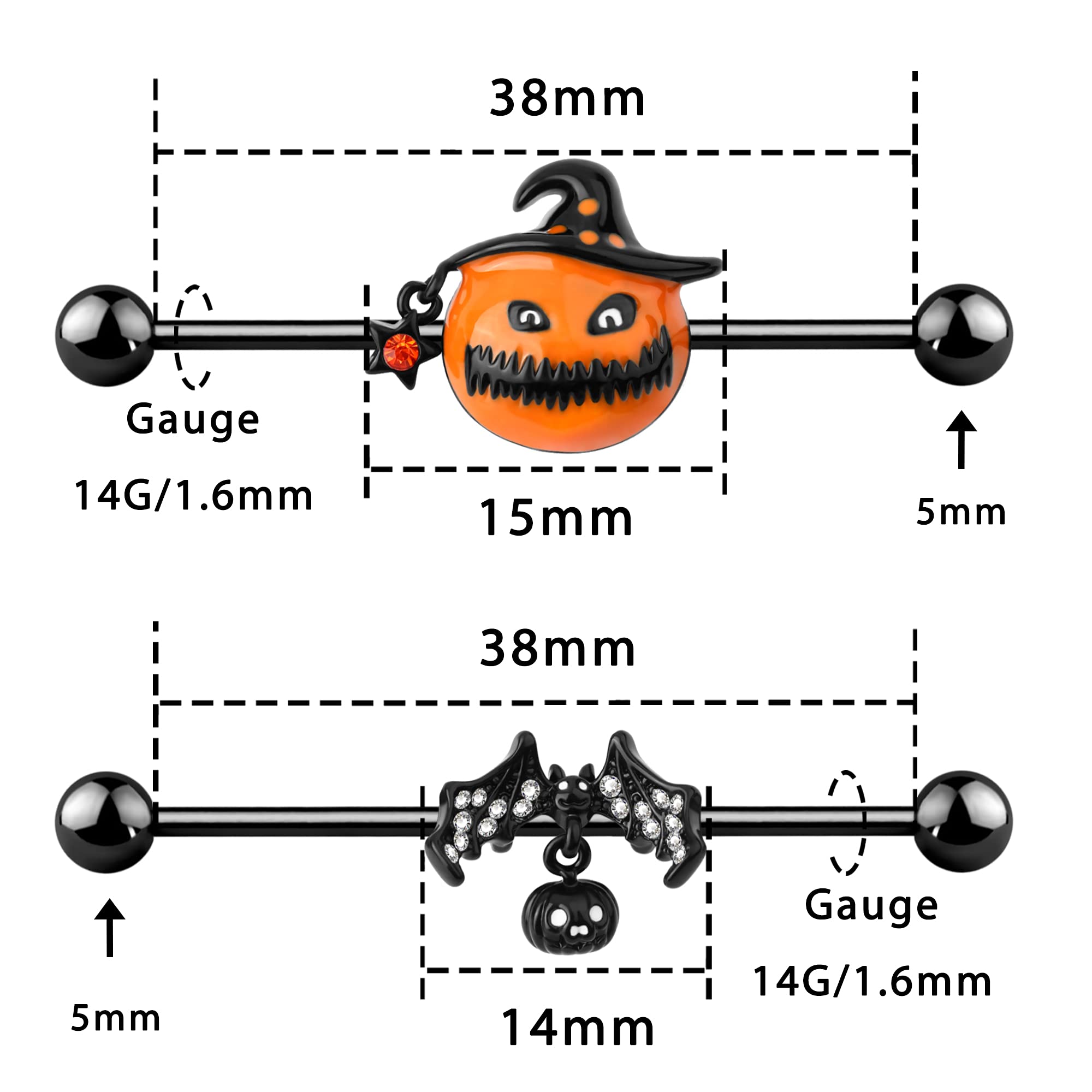 OUFER 2PCS 14G Halloween Industrial Piercing Jewelry Set Black Bat Pumpkin Surgical Steel Cartilage Earring Industrial Earrings for Women