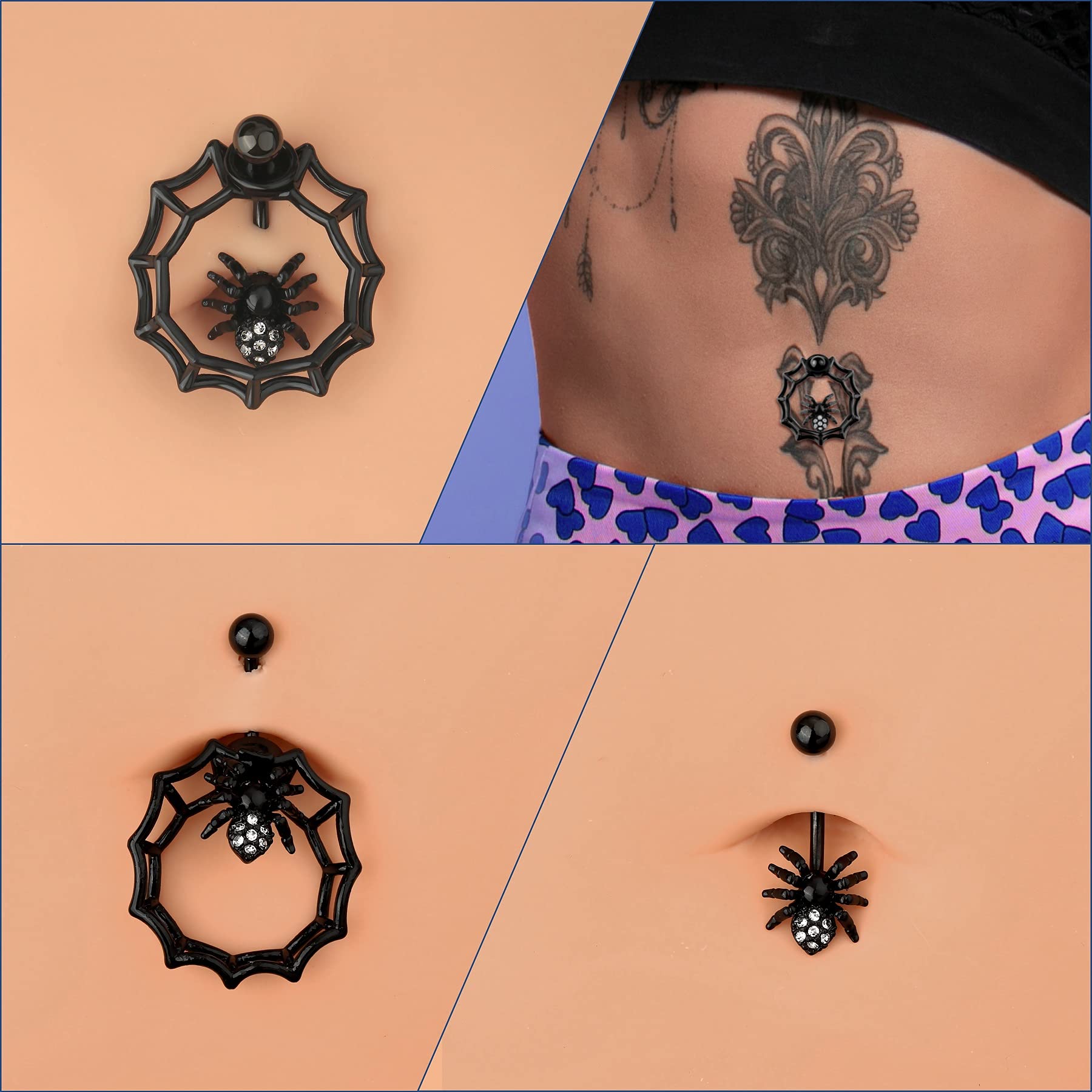 OUFER Belly Button Rings 14G 316L Stainless Steel Black Spider Belly Rings Navel Piercing Jewelry Varied Wearing Methods Navel Rings For Women