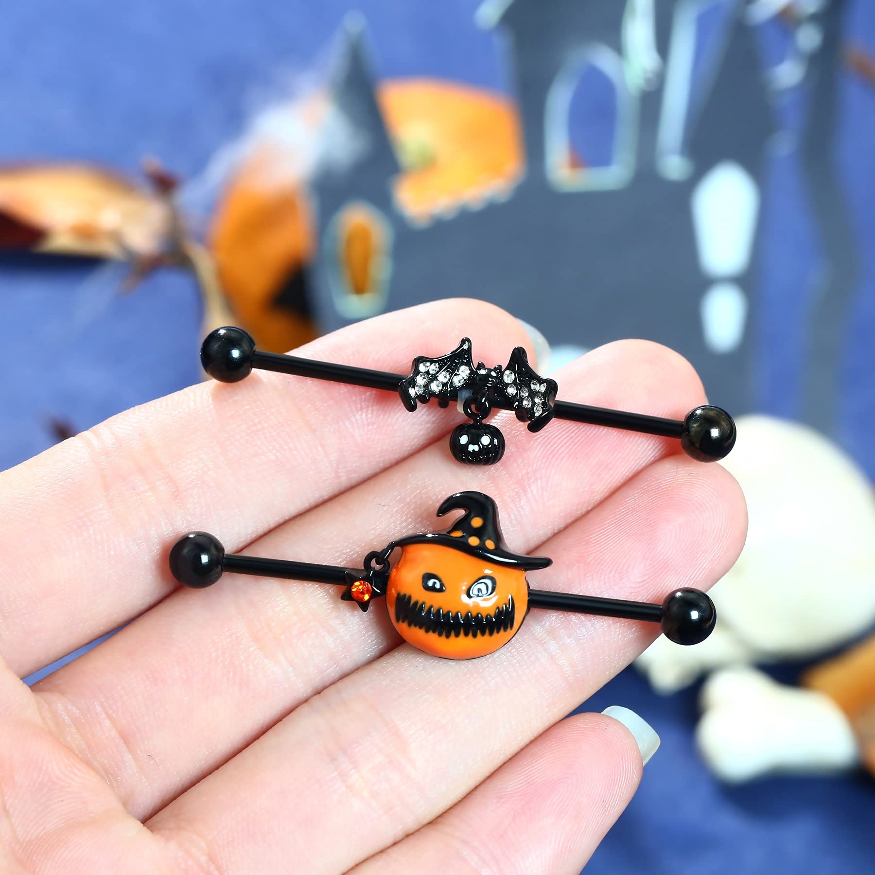 OUFER 2PCS 14G Halloween Industrial Piercing Jewelry Set Black Bat Pumpkin Surgical Steel Cartilage Earring Industrial Earrings for Women