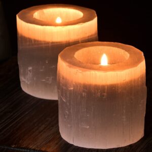 amoystone selenite tealight holders natural crystal candle holders decorative tealight candlestick white candle stand 2.5" 2pc