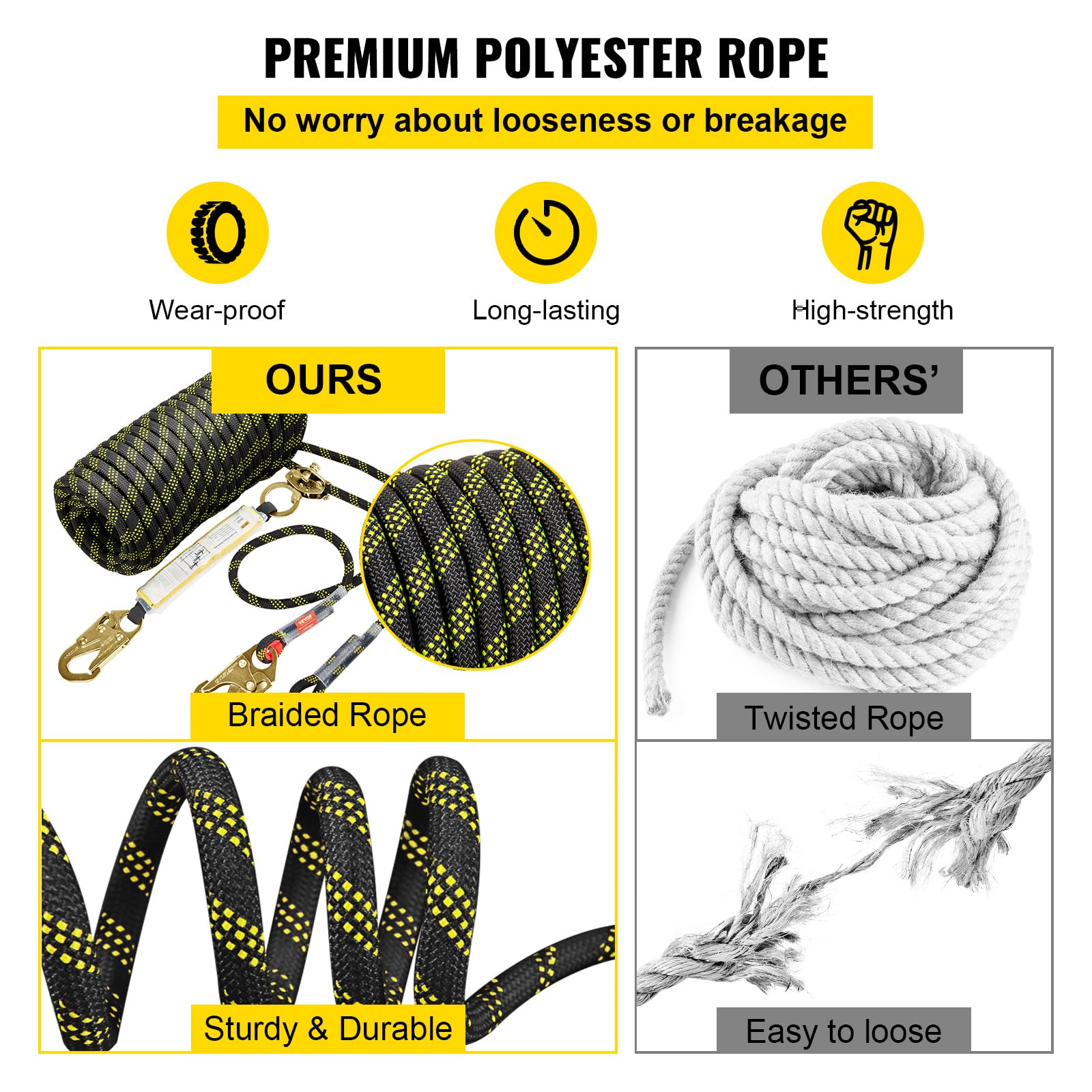 VEVOR Climbing Rope, Fall Protection Safety Rope, 25 50 100 150ft Vertical Tree Stand safety Rope Line Kit Safety Harness for Roofing Work with Alloy Steel Rope Grab, Two Snap Hooks, Shock Absorber.