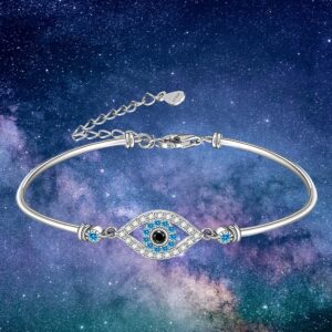 Jewlikee Evil Eye Bracelet Sterling Silver Blue Evil Eye Bangles Bracelets for Women Good Luck Protection Third Eye Amulet