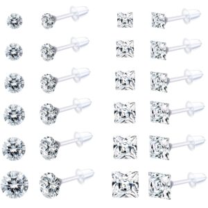 eielo 12pairs clear plastic cz studs earrings for women men acrylic post hypoallergenic stud earring round square cz rhinestone ear studs piercing retainers