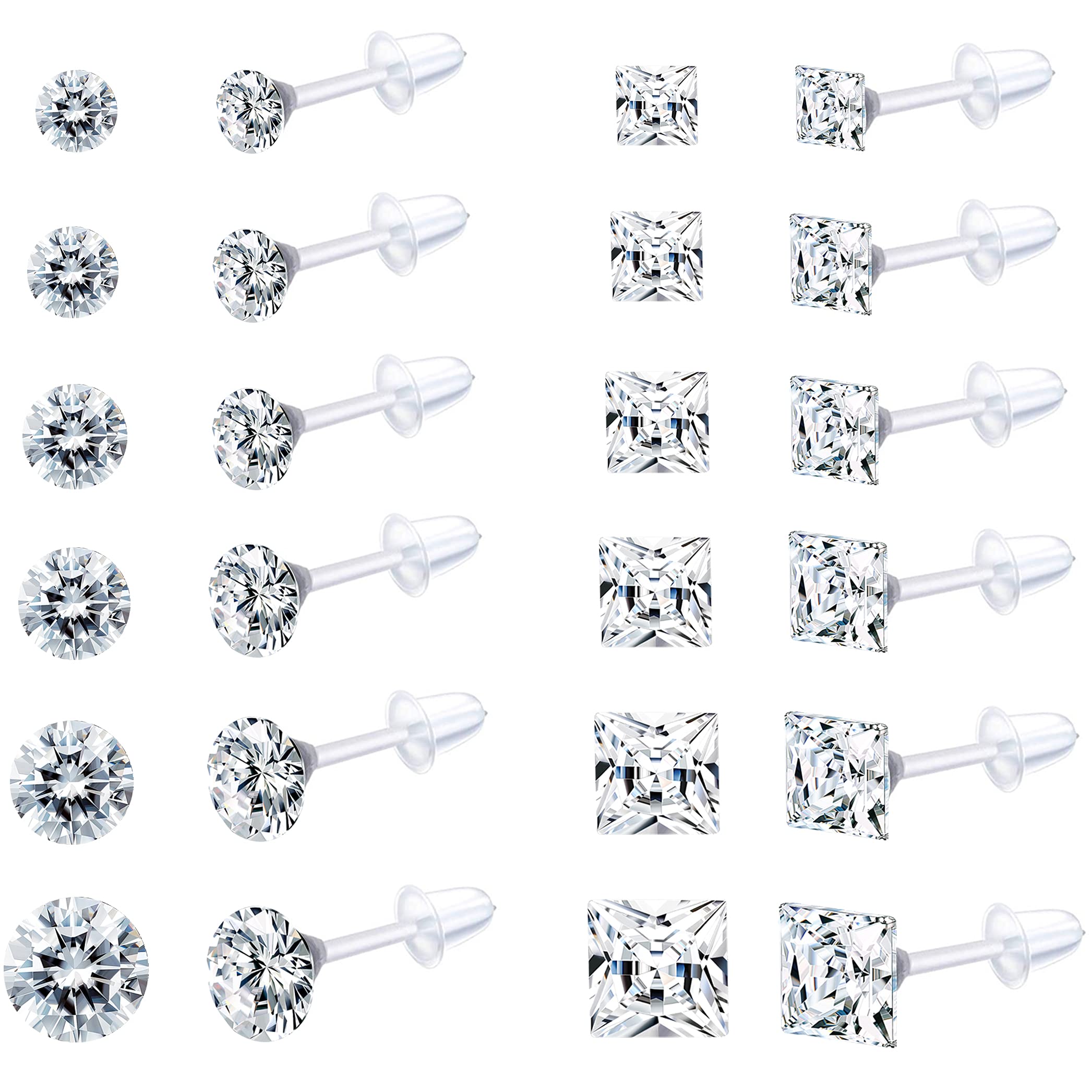 EIELO 12Pairs Clear Plastic CZ Studs Earrings for Women Men Acrylic Post Hypoallergenic Stud Earring Round Square CZ Rhinestone Ear Studs Piercing Retainers