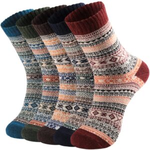 clothirily 5 pair wool socks- thick soft wool socks for women, warm womens wool socks, womens winter warm boot socks for women men, fashion vintage knit cabin cozy wool socks for women men