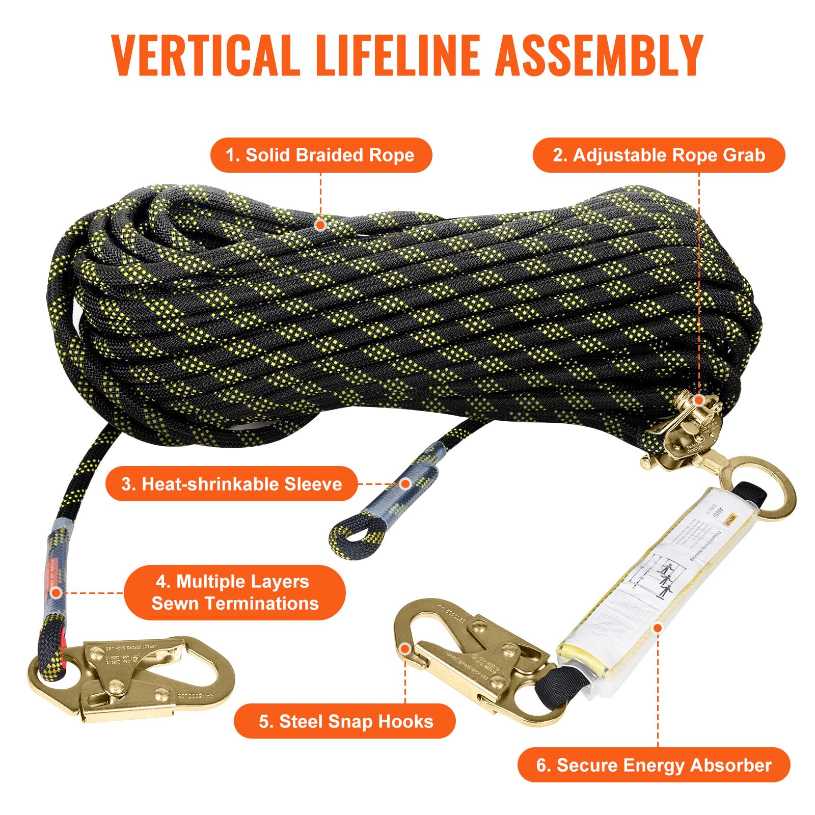 VEVOR Climbing Rope, Fall Protection Safety Rope, 25 50 100 150ft Vertical Tree Stand safety Rope Line Kit Safety Harness for Roofing Work with Alloy Steel Rope Grab, Two Snap Hooks, Shock Absorber