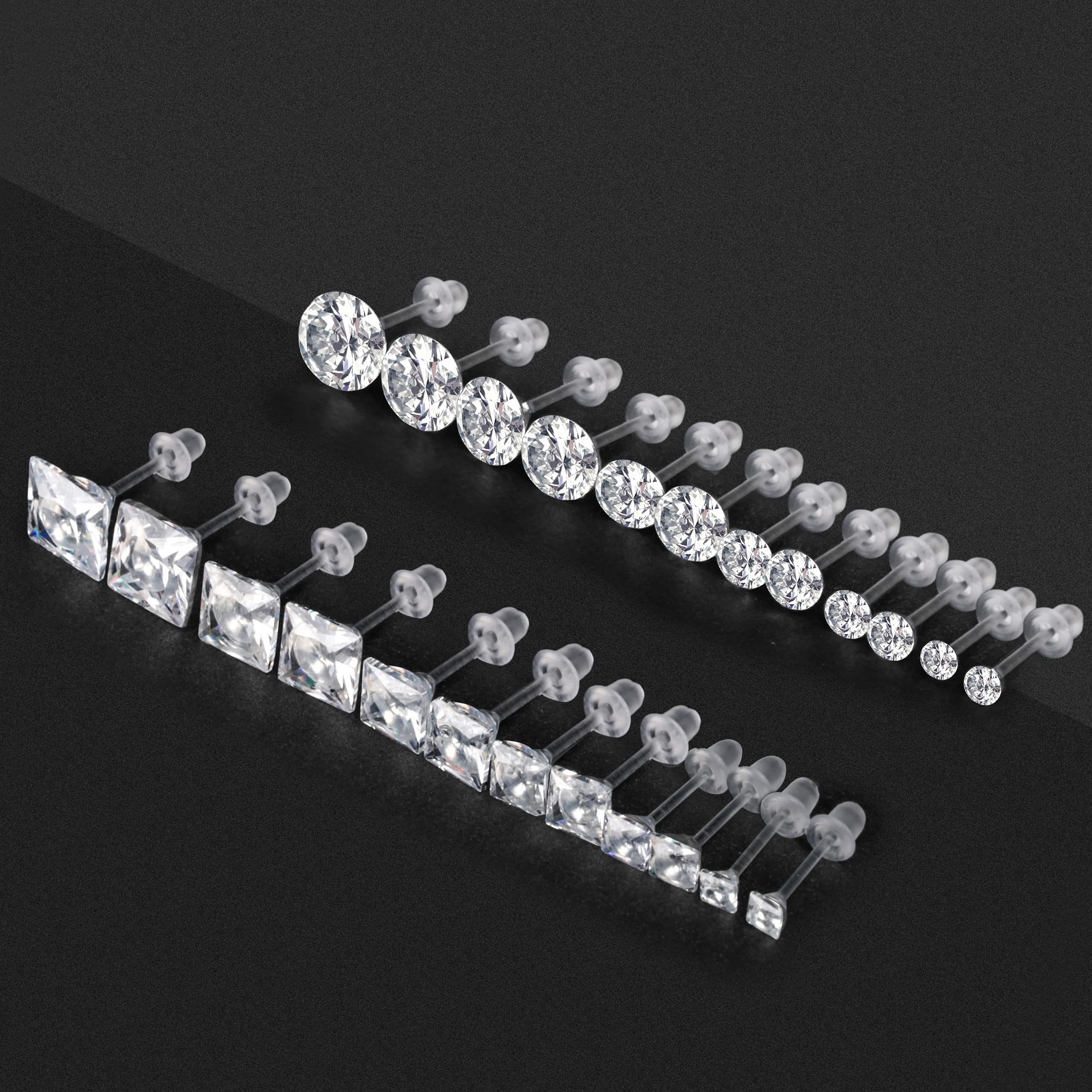 EIELO 12Pairs Clear Plastic CZ Studs Earrings for Women Men Acrylic Post Hypoallergenic Stud Earring Round Square CZ Rhinestone Ear Studs Piercing Retainers