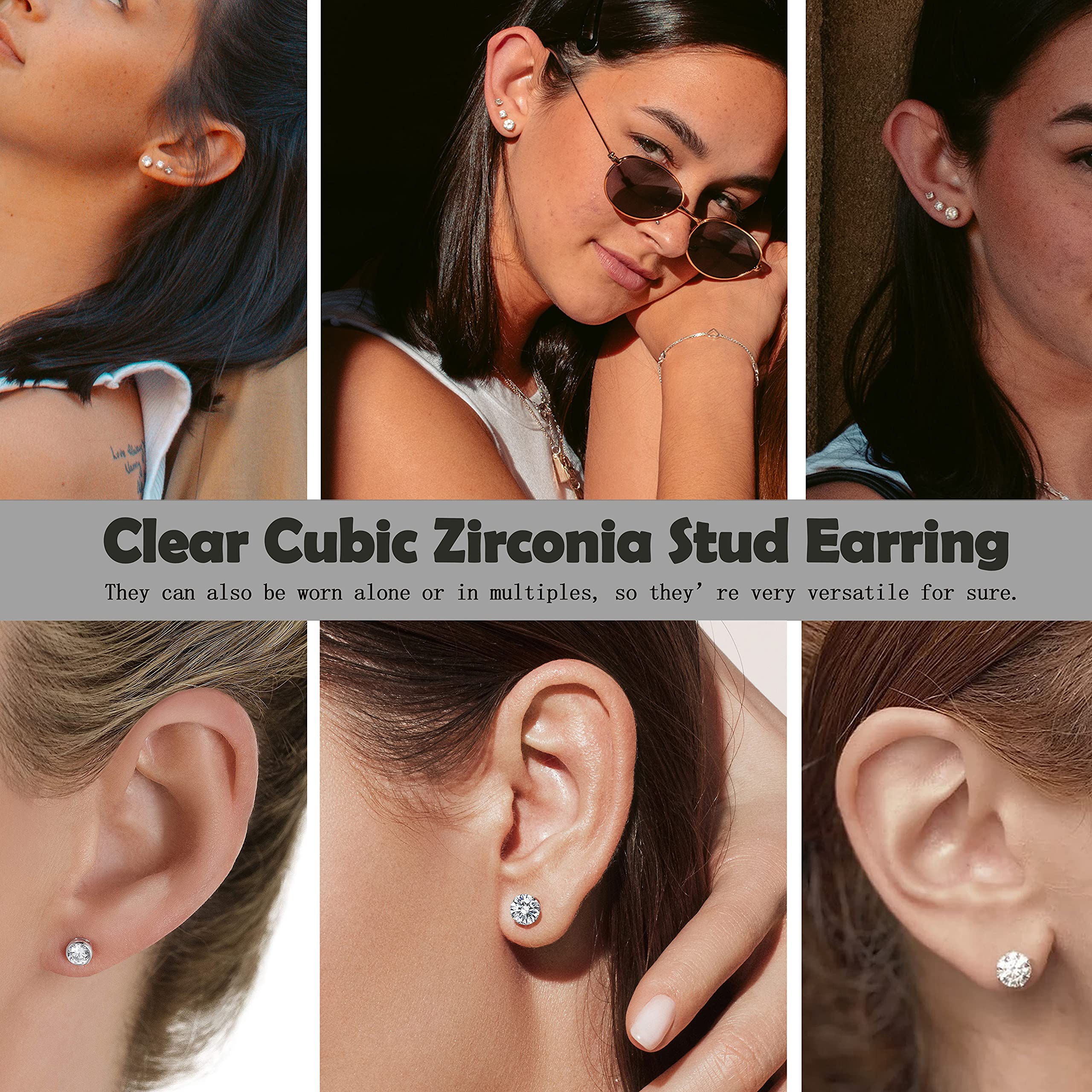 EIELO 12Pairs Clear Plastic CZ Studs Earrings for Women Men Acrylic Post Hypoallergenic Stud Earring Round Square CZ Rhinestone Ear Studs Piercing Retainers