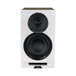 elac uni-fi reference 3-way 5-1/4" bookshelf speakers, oak or walnut speakers for home theater and stereo system, white baffle with oak sides