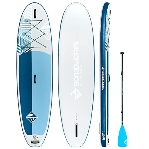 Boardworks Lūnr Inflatable Stand-Up Paddle Board (iSUP) | SUP Package Includes Three Piece Paddle, Carry Bag, Leash, Phone Case and Pump (SUP) Complete Kit | 10’5”, Blue/White