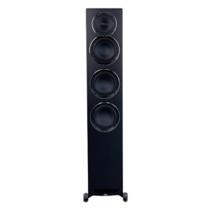 elac uni-fi reference 3-way 5-1/4" floor standing speaker, oak or walnut tower speaker for home theater and stereo system, black baffle with walnut sides