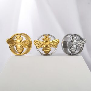 LADEMAYH 2Pcs 00 Gauges for Women, Cute Gold 00g Plugs Gauges for Ears, Bee Design 00g Tunnels Earrings Surgical Steel Gauges Size 00 Gauge Earrings