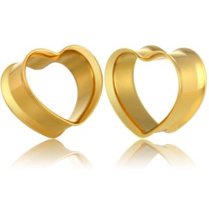 lademayh 2 pcs heart ear plugs tunnels body piercing basic gauges for women - gold stainless steel 316l pierced hangers earrings for stretched earlobe 10mm=00g