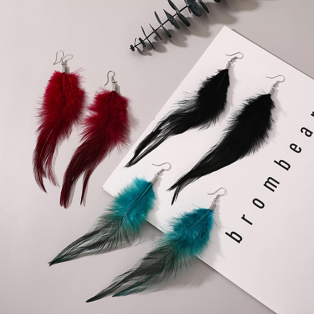 GOGNGTR 12 Color Bohemian Long Feather Earrings for Women Handmade Natural Jewelry Lightweight Statement Dangle (Color)