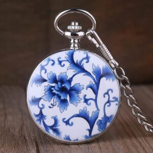 Whodoit Unique Design Blue and White Porcelain Flower Pocket Watches Roman Number Mechanical Pocket Watches