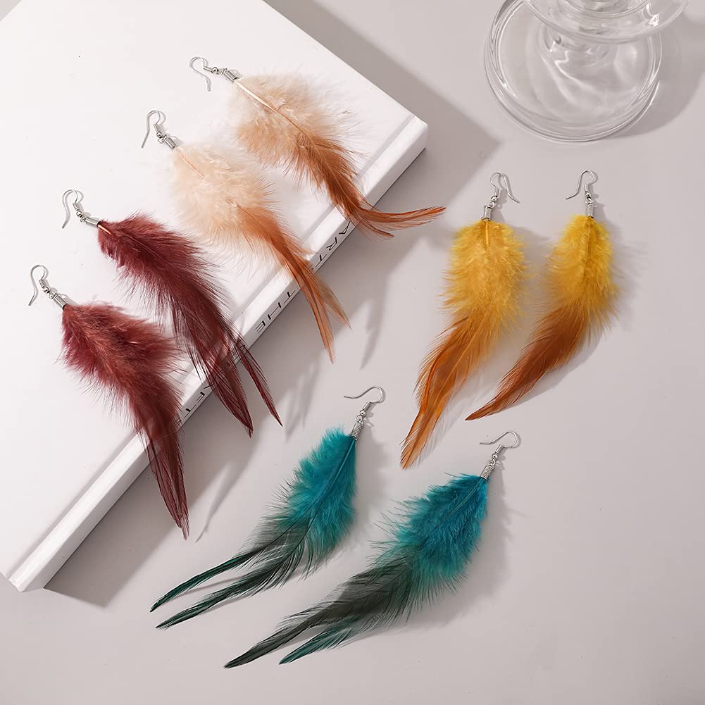 GOGNGTR 12 Color Bohemian Long Feather Earrings for Women Handmade Natural Jewelry Lightweight Statement Dangle (Color)