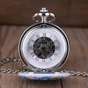 Whodoit Unique Design Blue and White Porcelain Flower Pocket Watches Roman Number Mechanical Pocket Watches