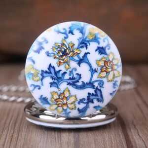 Whodoit Unique Design Blue and White Porcelain Flower Pocket Watches Roman Number Mechanical Pocket Watches