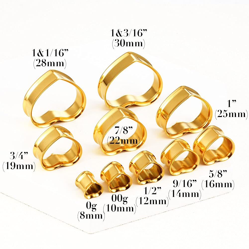 LADEMAYH 2 PCS Heart Ear Plugs Tunnels Body Piercing Basic Gauges for Women - Gold Stainless Steel 316L Pierced Hangers Earrings for Stretched Earlobe 10mm=00g