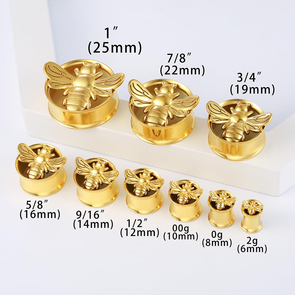 LADEMAYH 2Pcs 00 Gauges for Women, Cute Gold 00g Plugs Gauges for Ears, Bee Design 00g Tunnels Earrings Surgical Steel Gauges Size 00 Gauge Earrings