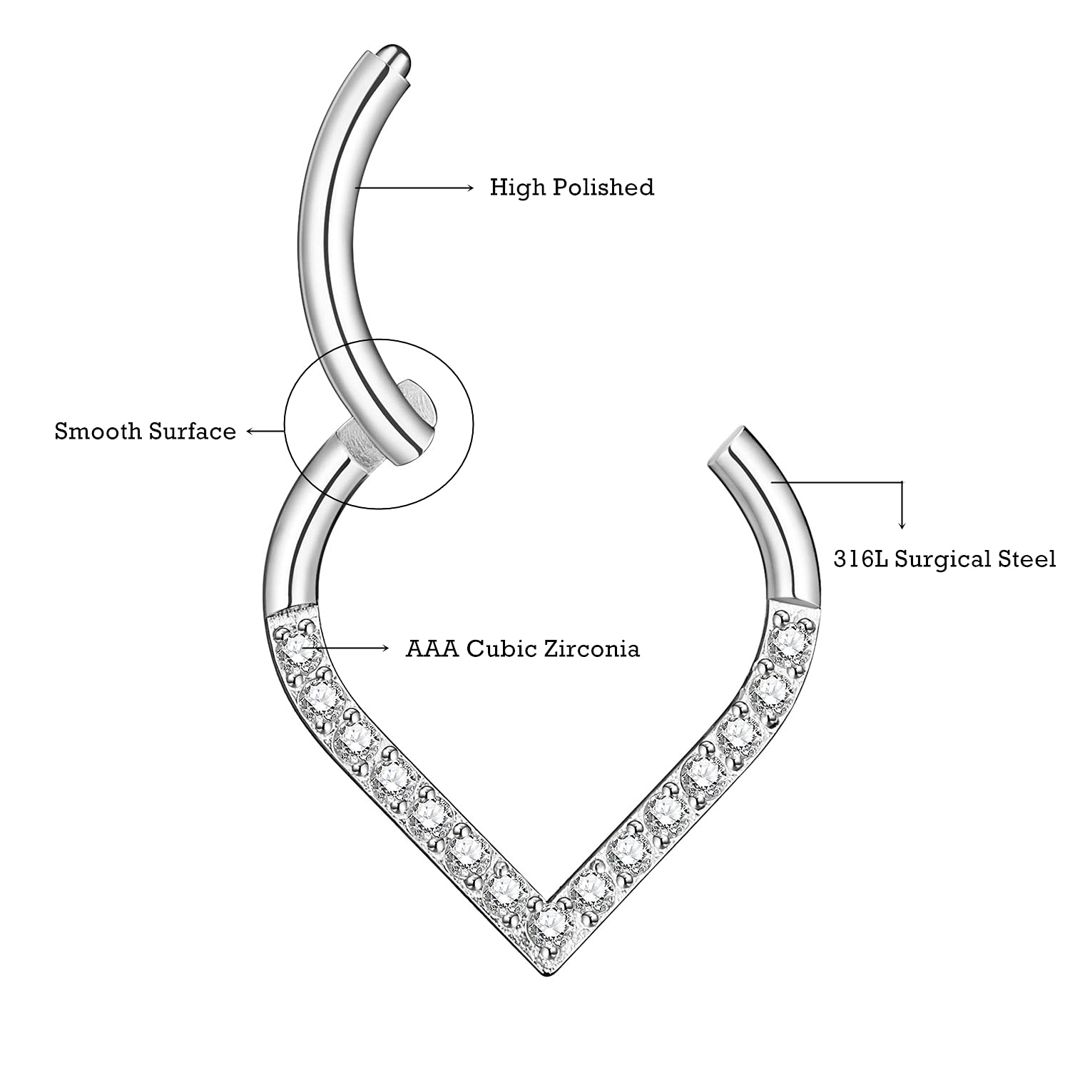 MissNity 16G 10mm Septum Rings 316L Surgical Steel Hinged Nose Hoop Ring 16 Gauge Clicker Segment Septum Jewelry Tear Drop Daith Earrings Body Piercing with Clear CZ, Silver