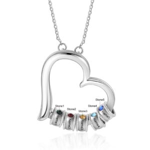 wamantic personalized women's pendant necklace 925 sterling silver with 1-5 simulated birthstone names customized heart shape cubic zirconia necklace for christmas gifts (5 name&5 stone)