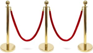 electriduct 3 foot gold stanchion posts with red velvet rope crowd control queue line pole barrier metal 3 posts, 2 ropes