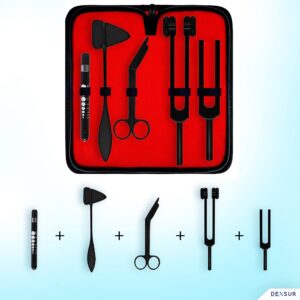 DEXSUR Diagnostics Kit - Percussion Taylor Reflex Hammer + C 128 & C 512 Tuning Forks + Bandage Scissors + Pupil Gauge Pen Light in Carrying Case - 6 Pieces Set - Full Black